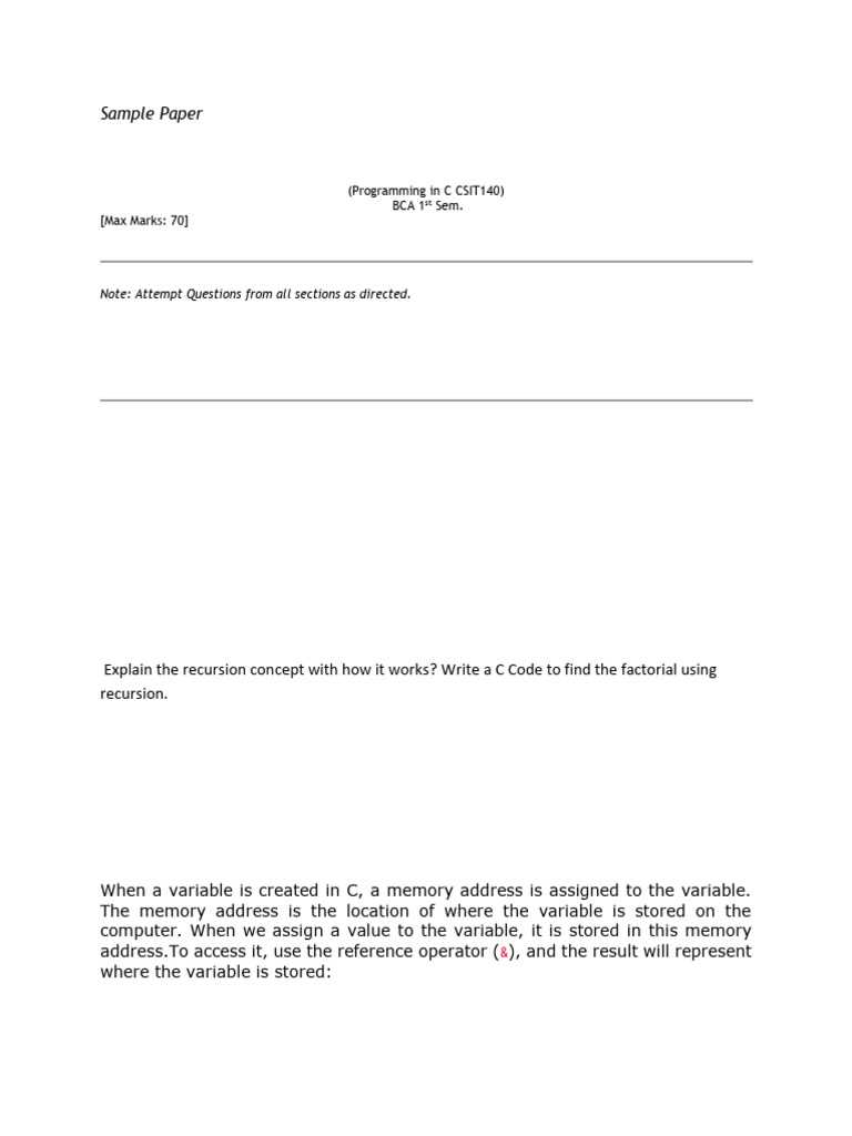 Sample Paper Bca I Programming In C Pdf Pointer Computer Programming C Programming