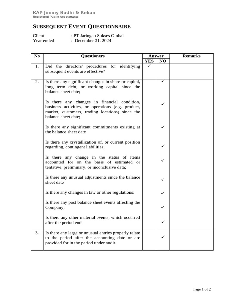 Subsequent Events Checklist 2024 - JSG | PDF | Balance Sheet | Business Economics