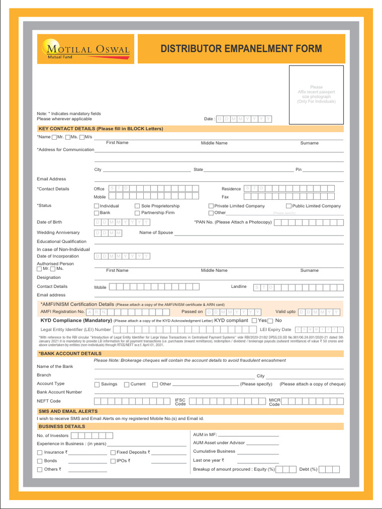 Motilal Empanelment Form | PDF | Banks | Mutual Funds