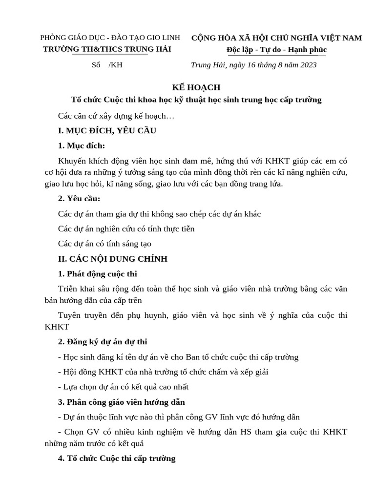 Ke Hoach Cuoc Thi KHKT - Nguyen Thi Nga | PDF