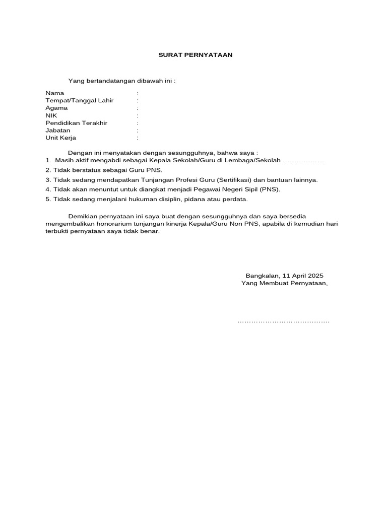 Surat Pernyataan BKK 2025 | PDF