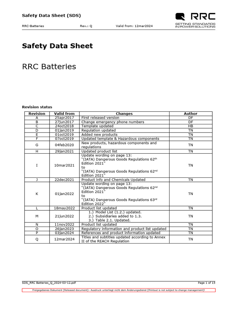 RRC Batteries Safety Data Sheet 2024 | PDF | Dangerous Goods ...