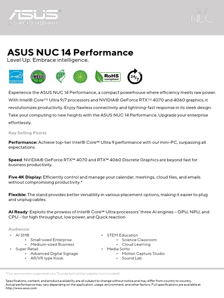 ASUS NUC 14 Performance Datasheet | PDF | Hdmi | Graphics Processing Unit