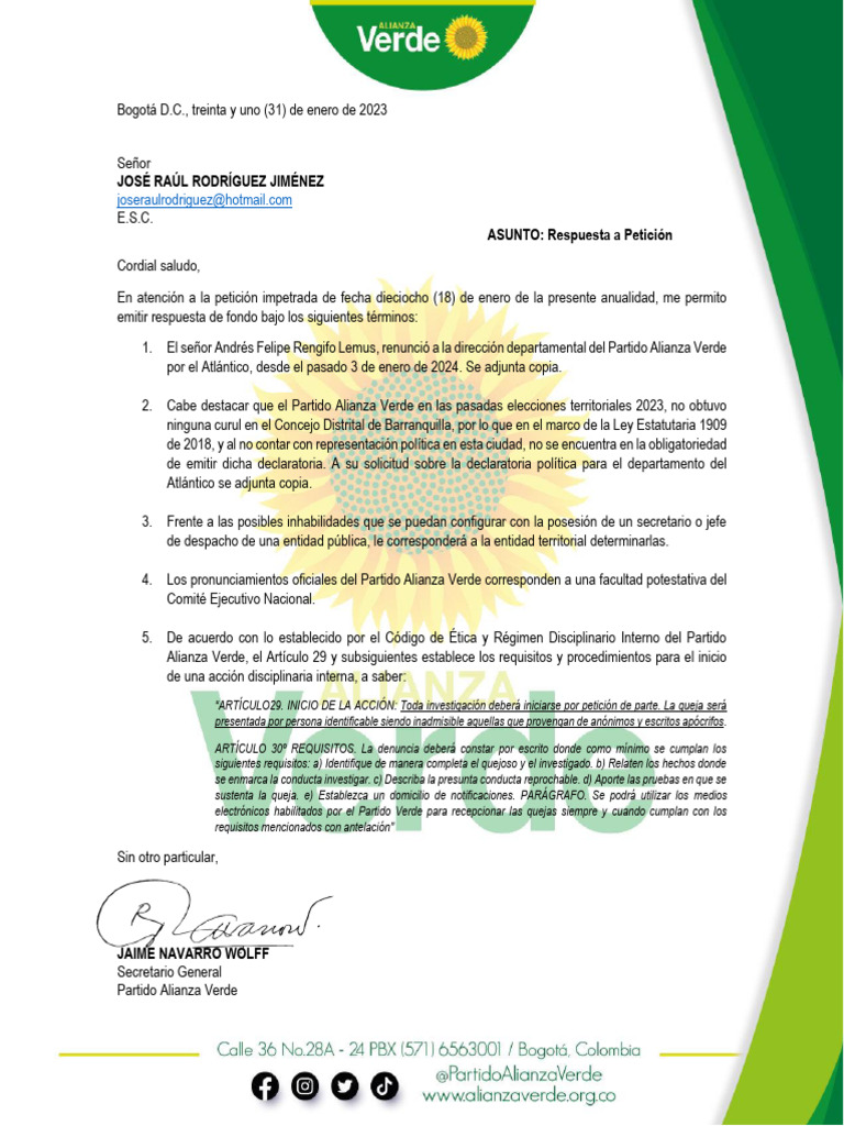 Renuncia Andres Rengifo Al Comité Ejecutivo Partido Alianza Verde | PDF ...