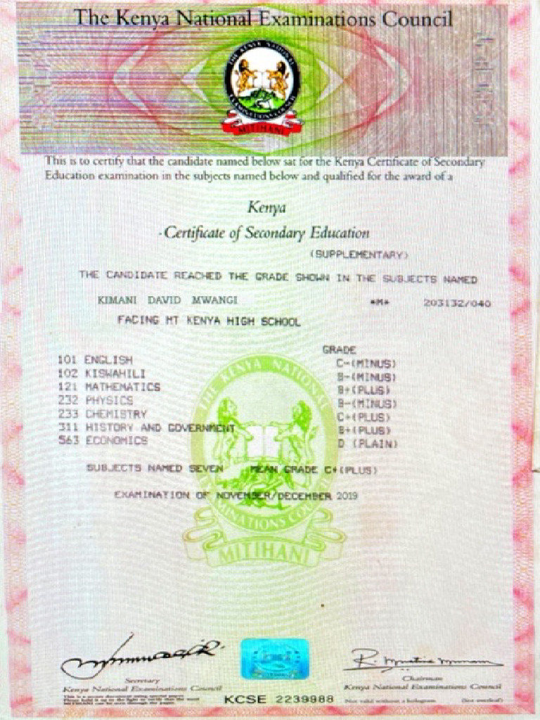 Kenya Certificate of Secondary Education (David Kimani Mwangi) | PDF
