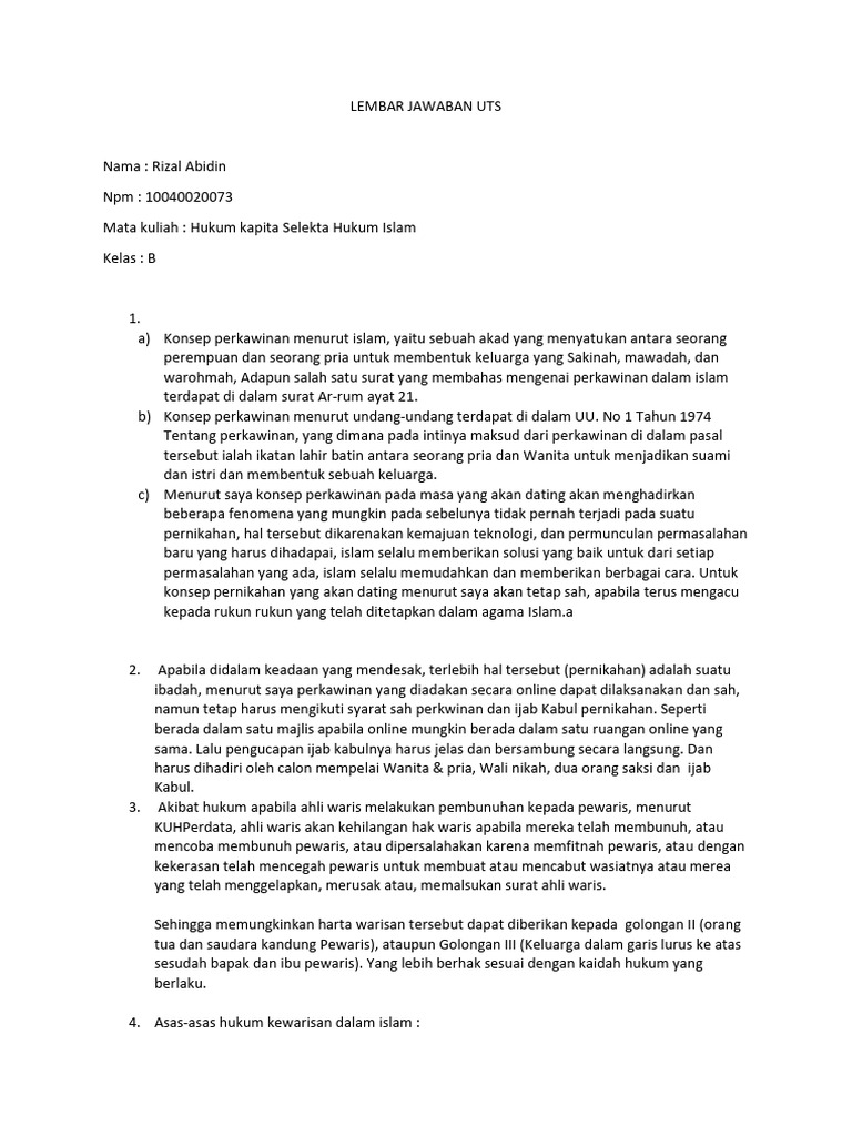 Rizal Abidin - Hukum Kapita Selekta Hukum Islam - B - UTS | PDF