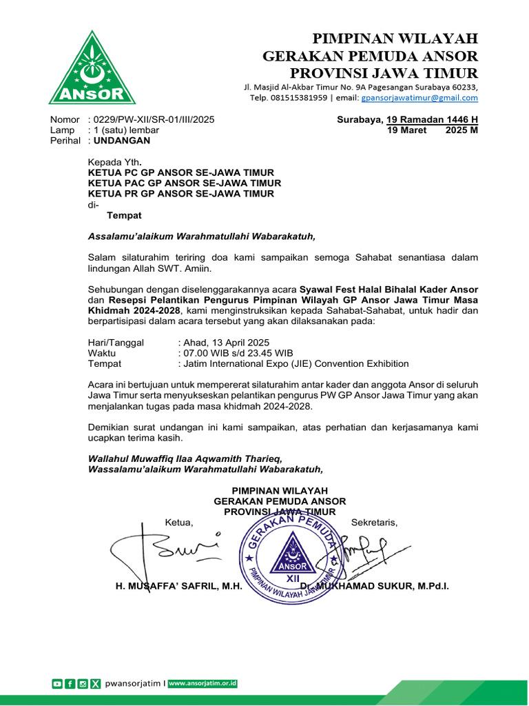 0229 Undangan - Halalbihalal Dan Resepsi Pelantikan - PC GP Ansor Se-Jawa Timur-1 | PDF