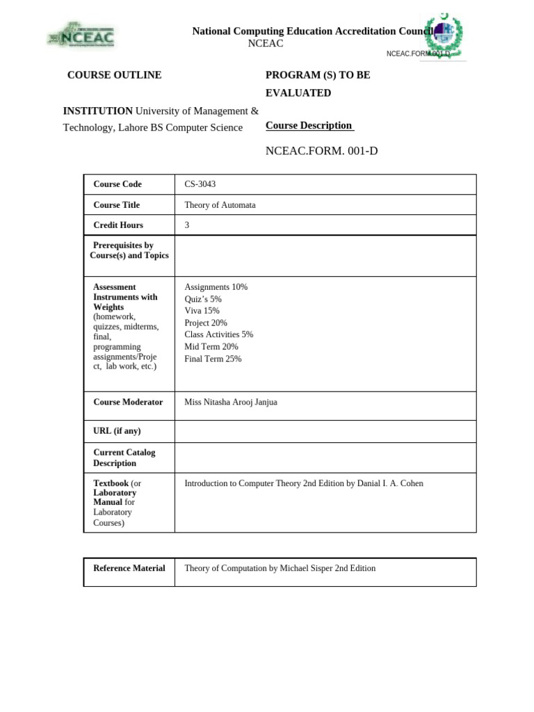 CourseOutline TheoryofAutomata | PDF | Automata Theory | Mathematical Logic