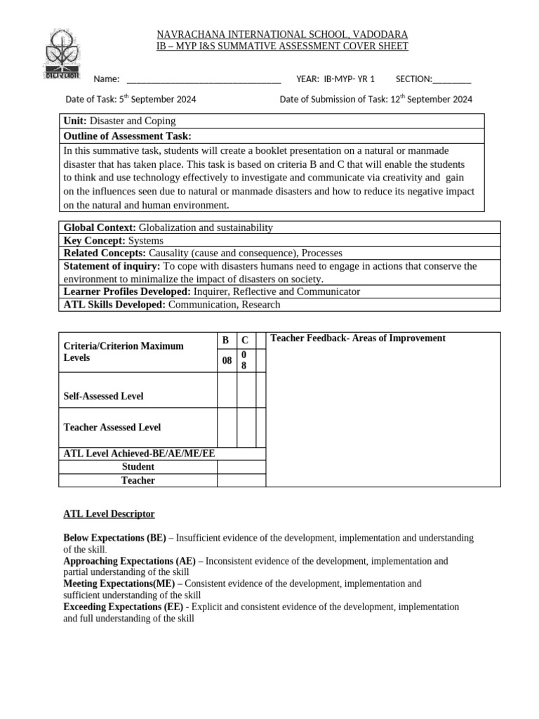 MYP-1 I S Summative Assessment Paper-2 on Disaster and Coping | PDF ...