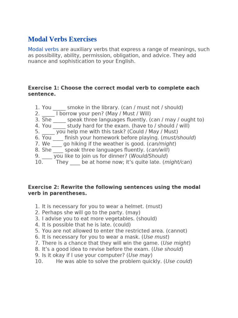 Modal Verbs Practice Exercises PDF | PDF