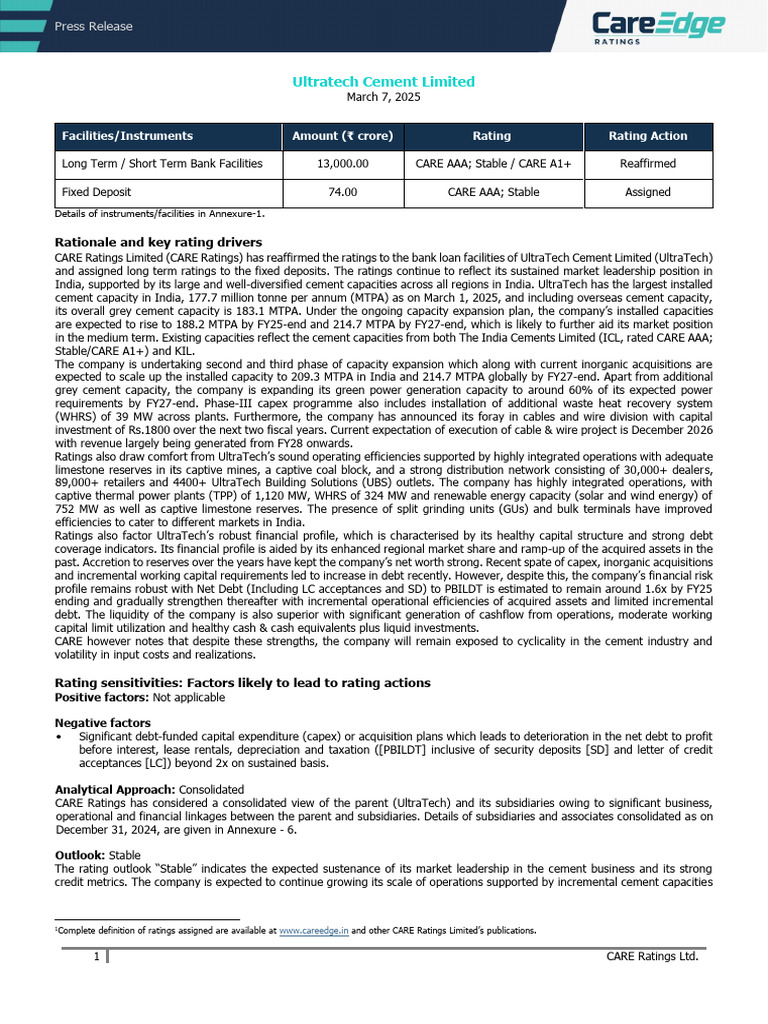 UltraTech Cement Rating Reaffirmation Report | PDF | Sustainable Energy ...