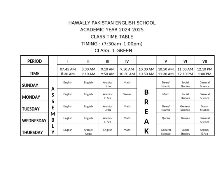 Timetable For Class 1 Greeen | PDF