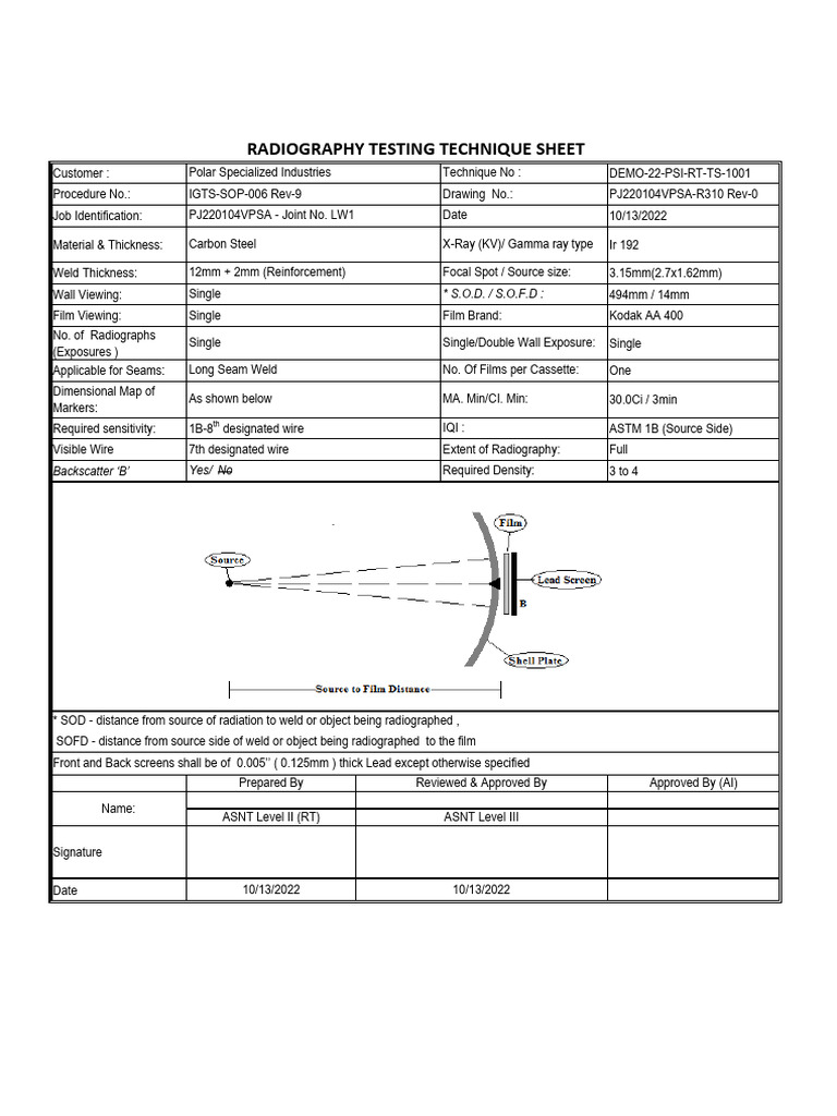 Radiography Testing Technique Sheet | PDF