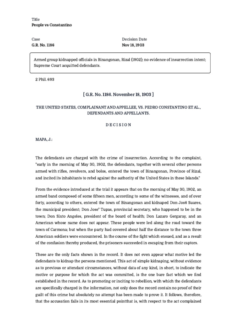 Acquittal in Constantino Insurrection Case | PDF | Crimes | Crime ...