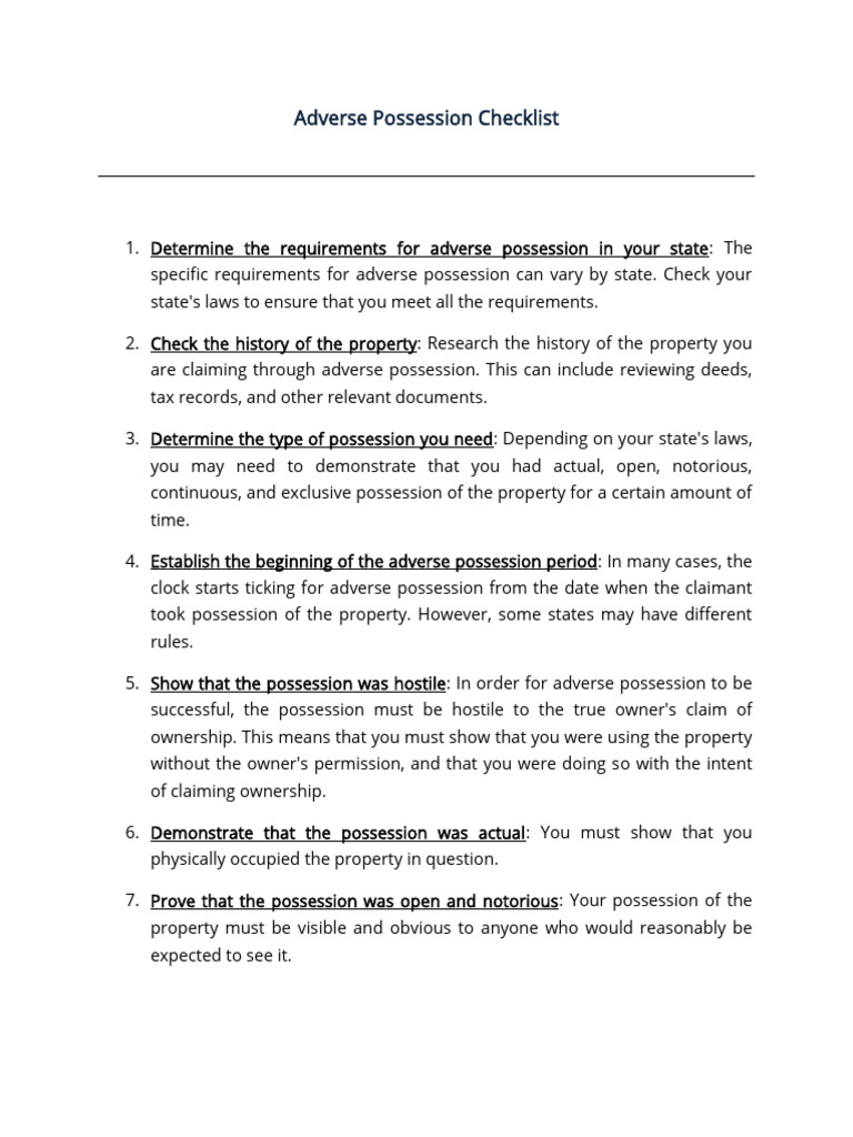 Adverse Possession Checklist | PDF | Adverse Possession | Natural ...