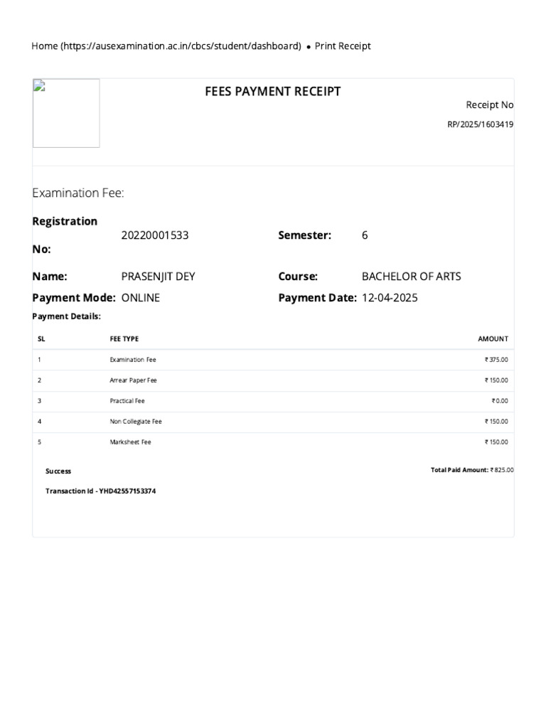 Print Receipt - Assam University | PDF