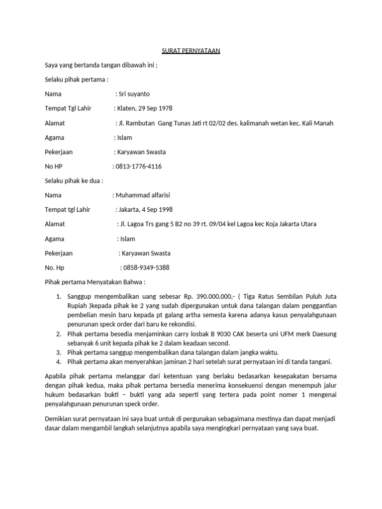 Surat Pernyataan Pengembalian Dana Talangan | PDF