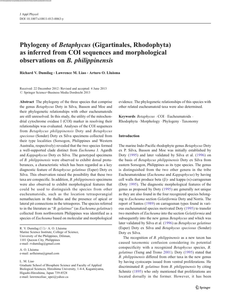 Phylogeny of Betaphycus (Gigartinales-Rhodophyta) As Inferred From COI ...