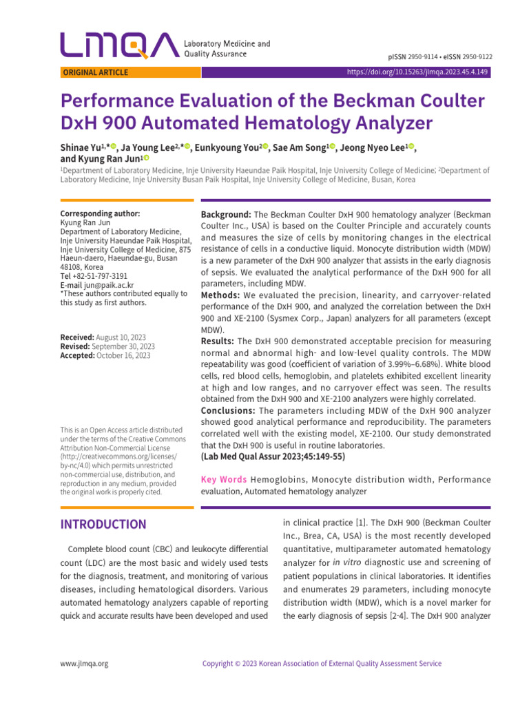 Yu-2023-Performance Evaluation of The Beckman Coulter DXH900 Automated Hemotology Analyzer | PDF ...