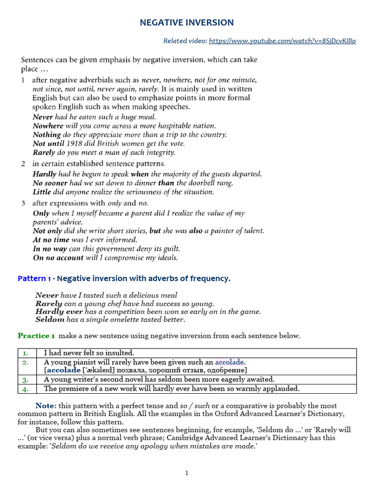 Negative Inversion Patterns and Exercises | PDF