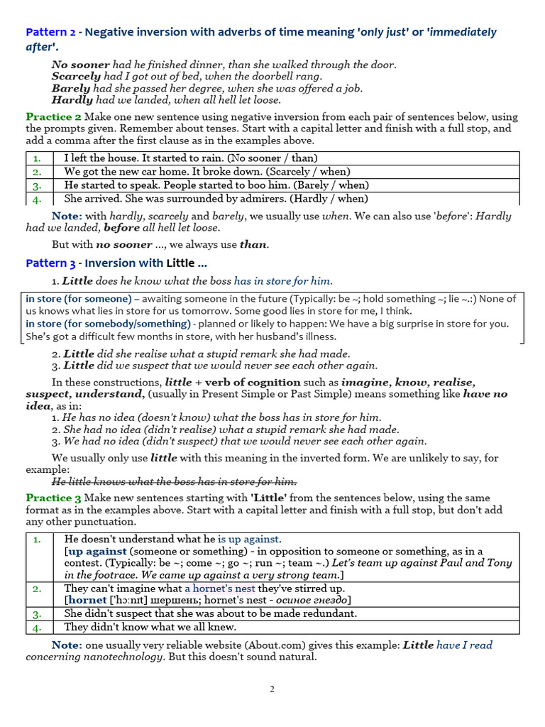 Negative Inversions (Negative Inversion With Adverbs of Time Meaning 'Only Just') | PDF | Syntax ...