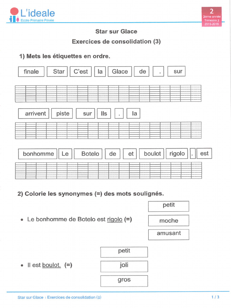 Français - Module 1 (Star Sur Glace) Exercices de Consolidation 3 ...