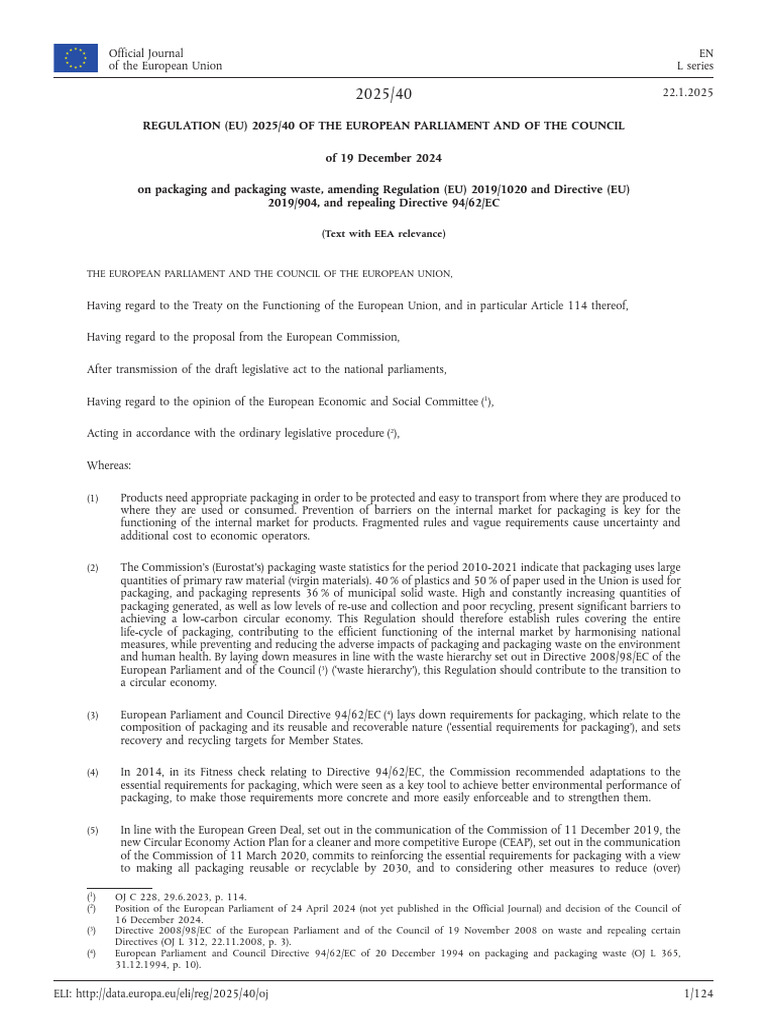 Regulation (EU) 202540 On Packaging and Packaging Waste | PDF ...