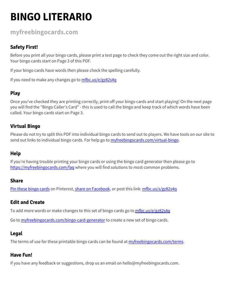 Bingo Literario: Cartas y Reglas | PDF