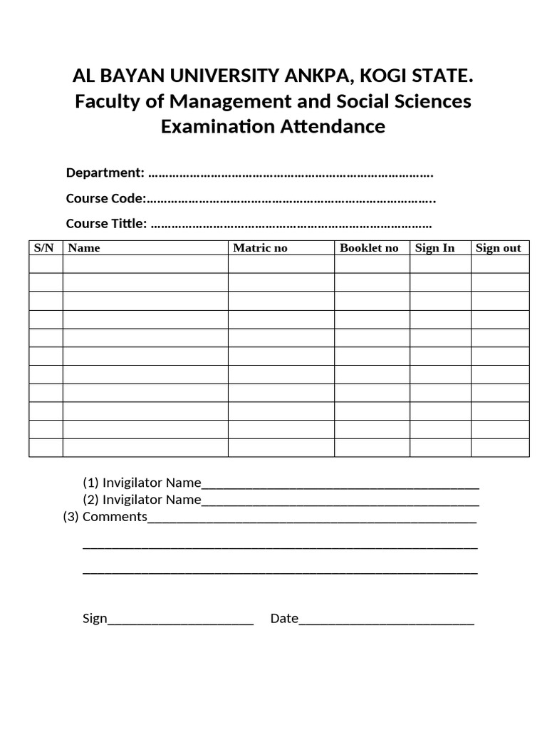 Al Bayan University Exam Attendance Form | PDF