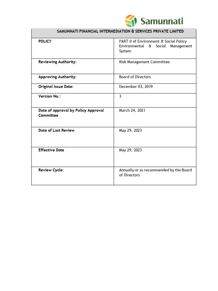 Samunnati E&S Management System Guide | PDF | International Labour ...