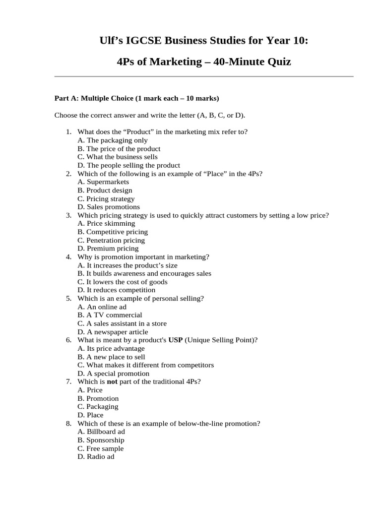 Business Studies Quiz | PDF | Marketing | Pricing