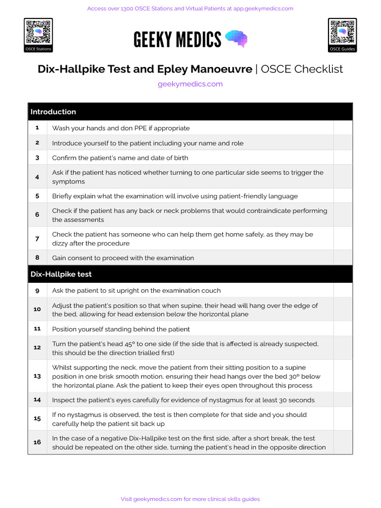 Dix Hallpike Test and Epley Manoeuvre OSCE Checklist Geeky Medics | PDF ...