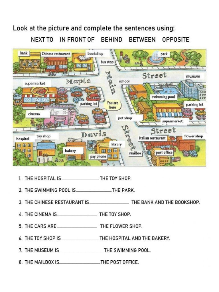 Preposition in Town - Unit 8 Review | PDF
