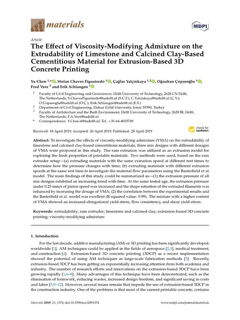 The Effect of Viscosity-Modifying Admixture on the Extrudability of Limestone and Calcined Clay ...