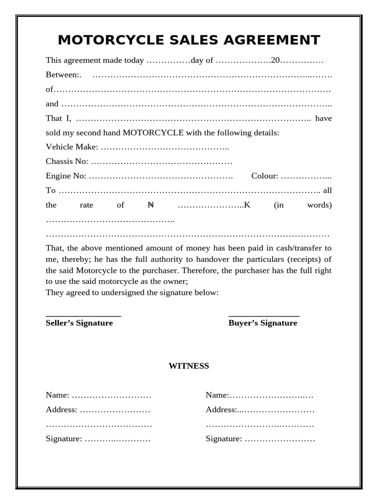 Motorcycle Sales Agreement | PDF