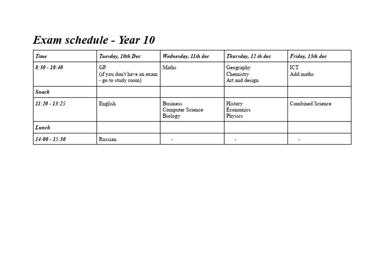 Exam Schedule - Year 10 | PDF