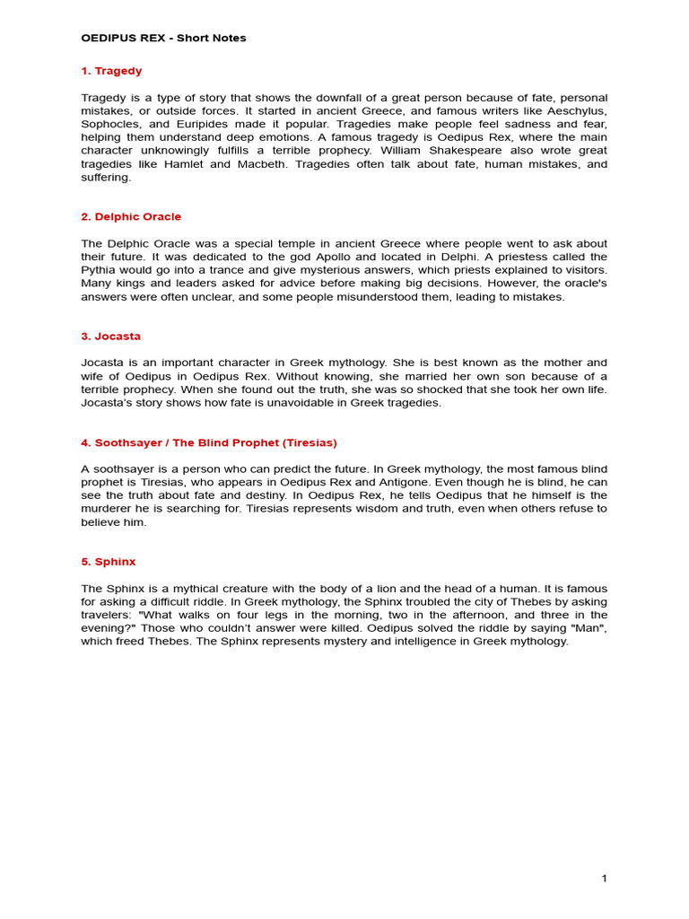 Drama - Oedipus short notes | PDF