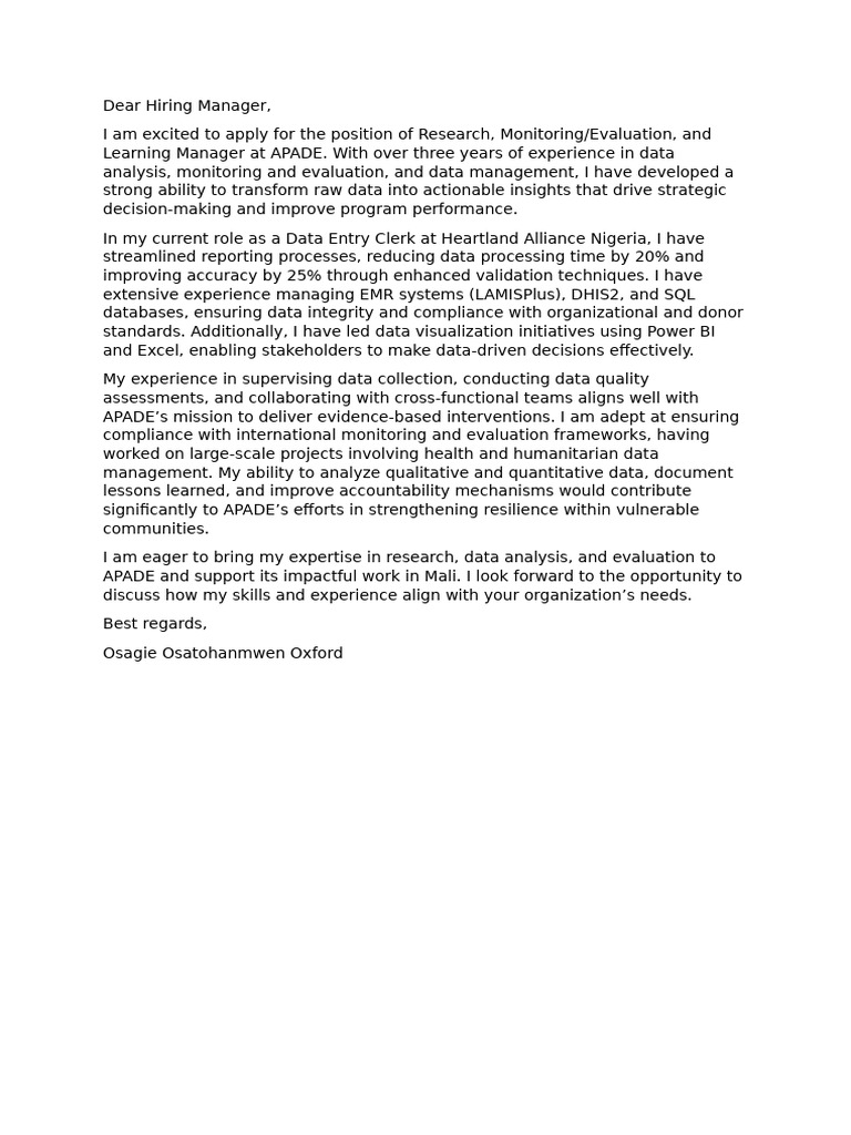 Oxford Cover Letter for APADE Position | PDF