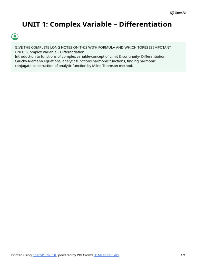? UNIT 1 - Complex Variable - Differentiation | PDF