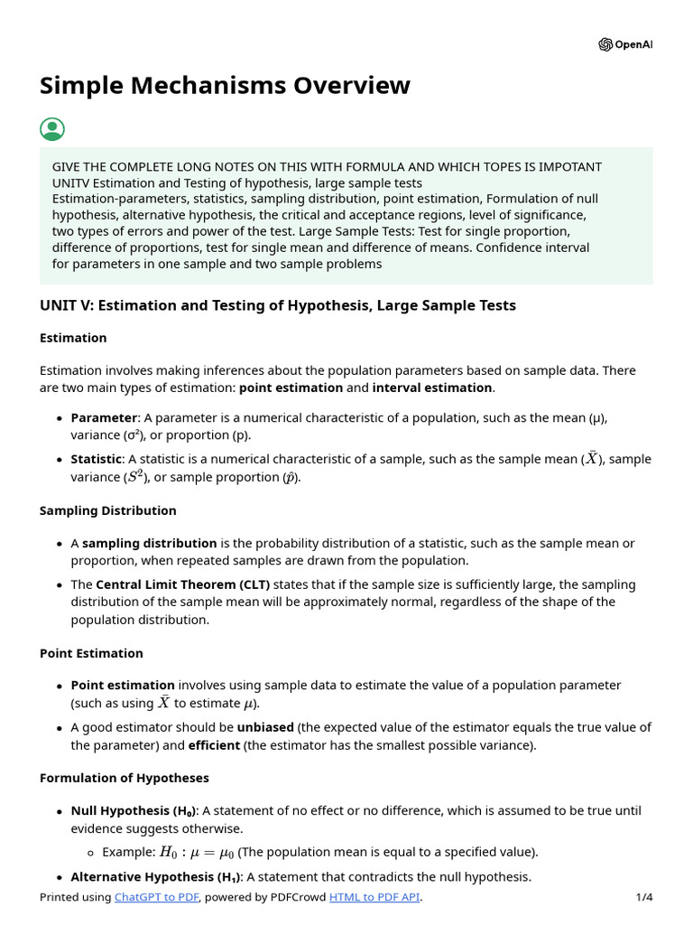 Unit 5 Estimation And Testing Of Hypothesis Large Sample Tests Pdf Type I And Type Ii
