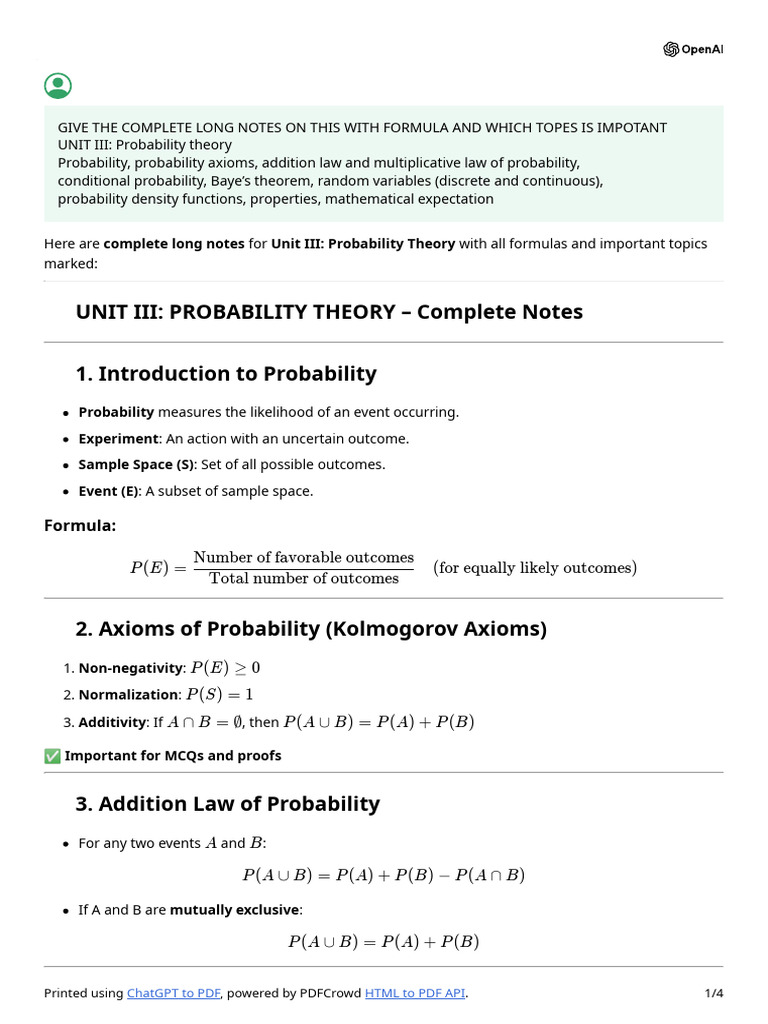 ? UNIT 3 - PROBABILITY THEORY - Complete Notes | PDF | Probability ...