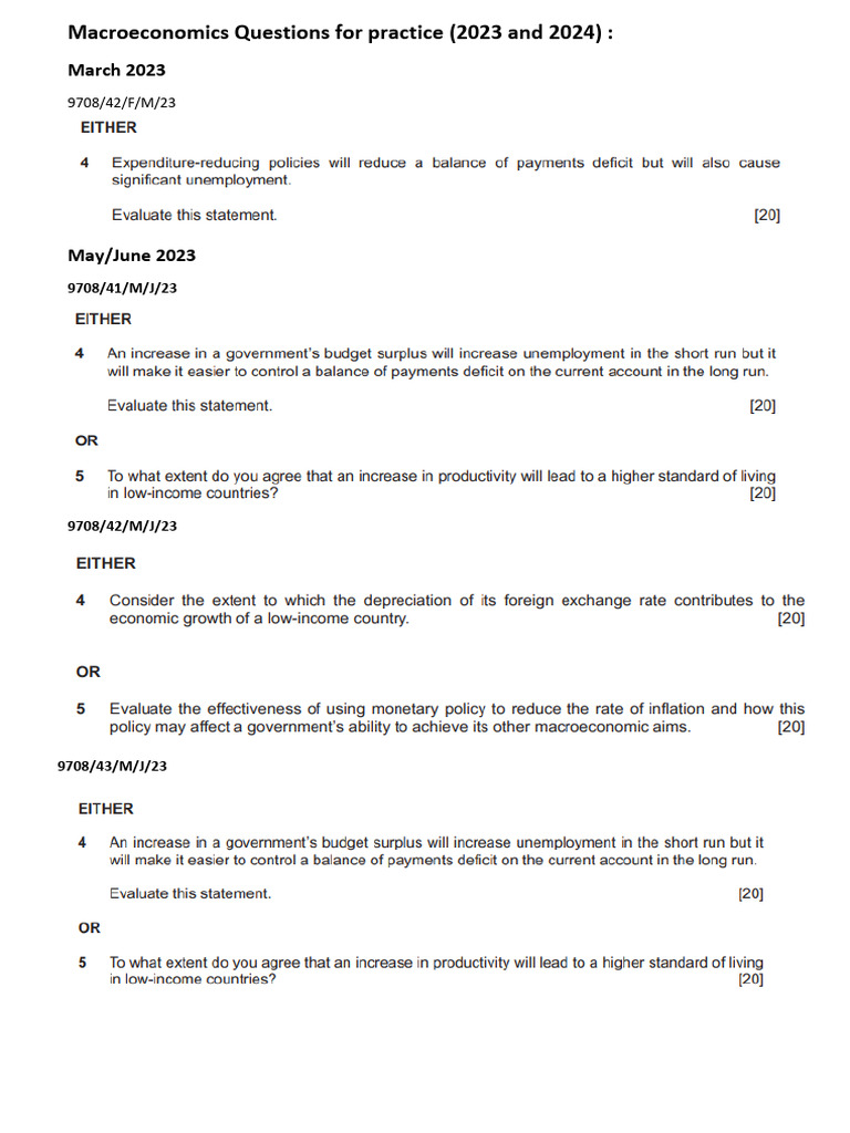 Macroeconomics Questions For Practice For Year 13 | PDF