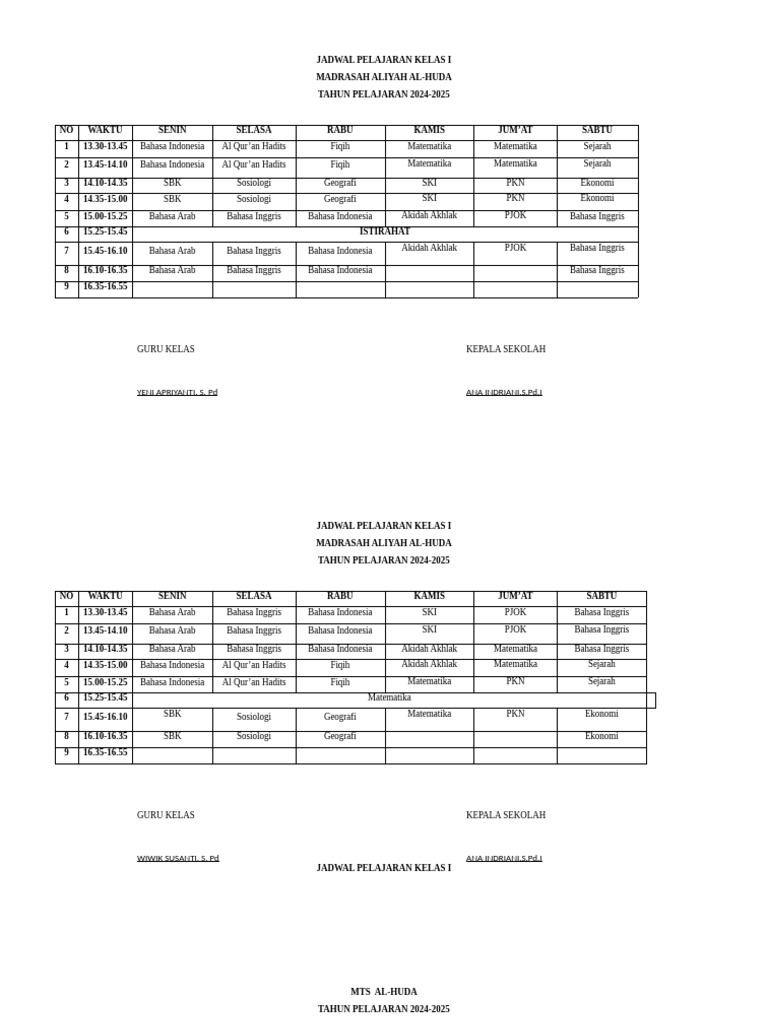 Jadwal Pelajaran Ma & Mts Al Huda | PDF