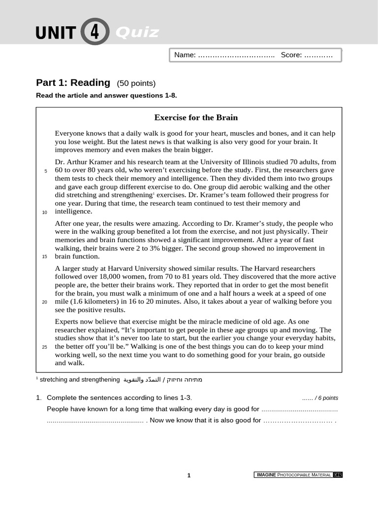 JHS QUIZ Imagine Unit 4 | PDF | Aerobic Exercise