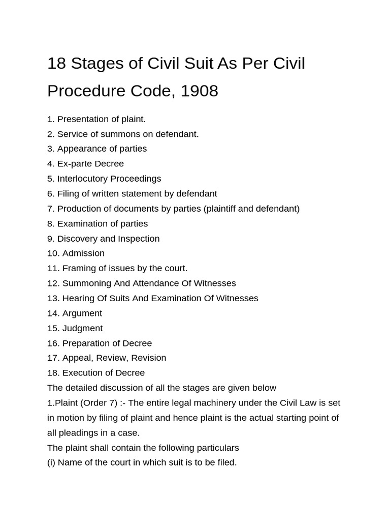 18 Stages of Civil Suit As Per Civil Procedure Code | PDF | Lawsuit ...