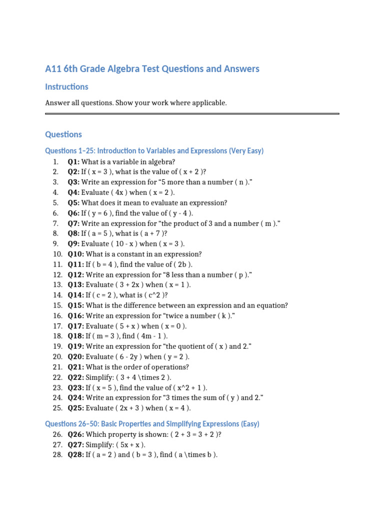 6th Grade Algebra Test Questions & Answers | PDF | Elementary ...