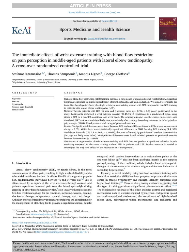 The Immediate Effects of Wrist Extensor Training With Blood Flow ...
