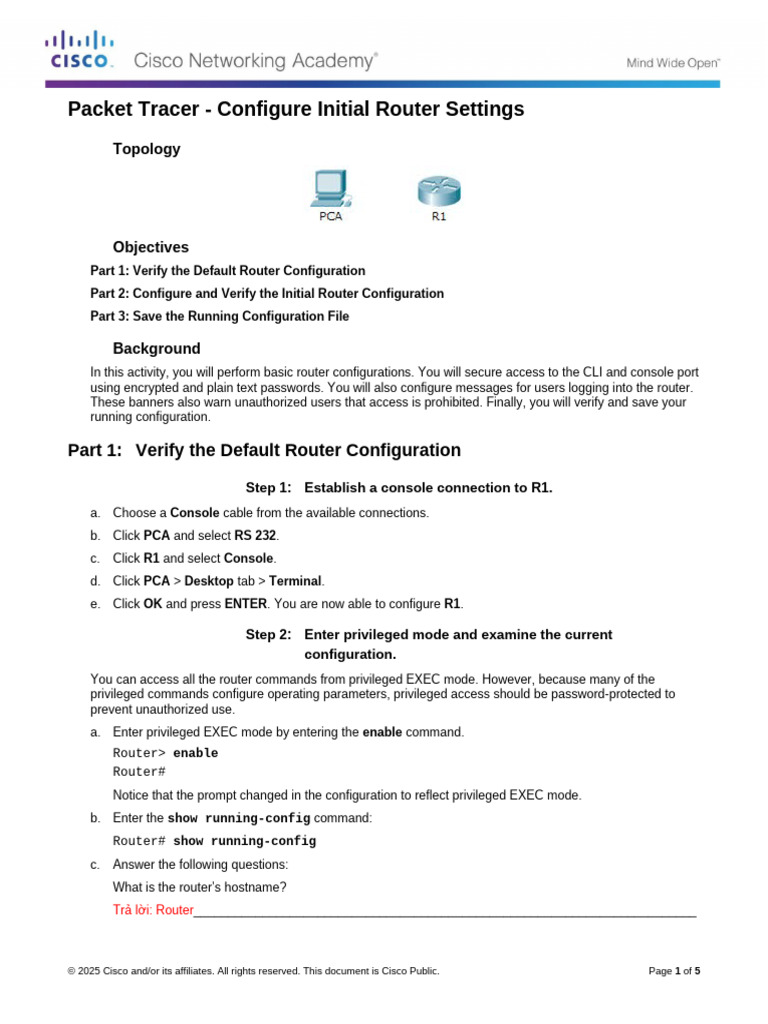 6.4.1.3 Packet Tracer - Configure Initial Router Settings | PDF | Command Line Interface ...