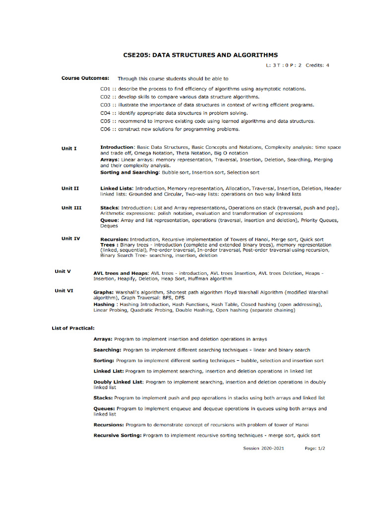 CSE-205 Data Structures and Algorithms Syllabus | PDF