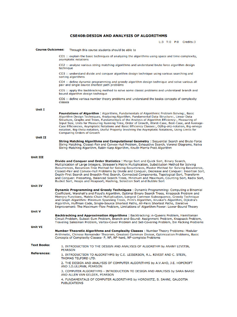 CSE-408, Design and Analysis of Algorithms-Syllabus | PDF
